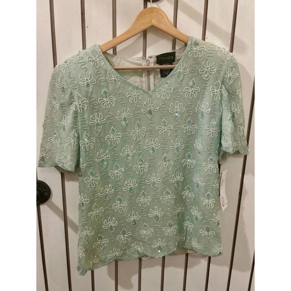 Chaudry | Tops | New Chaudry Womens Silk Beaded Blouse In Tealwhite ...